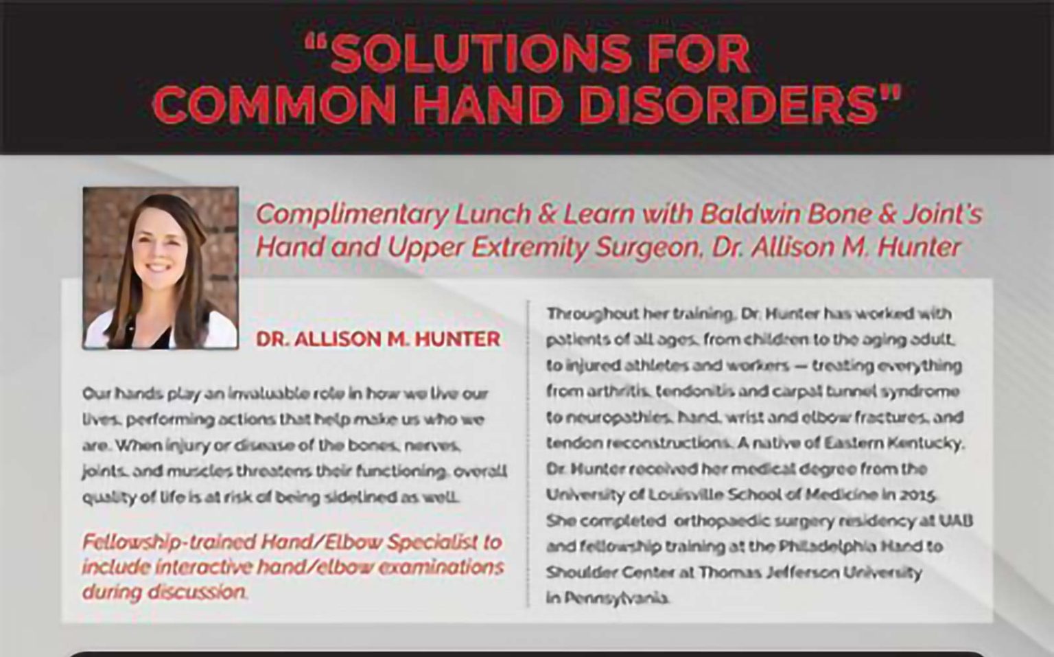 Baldwin Bone & Joint To Host Hand Disorder Seminar
